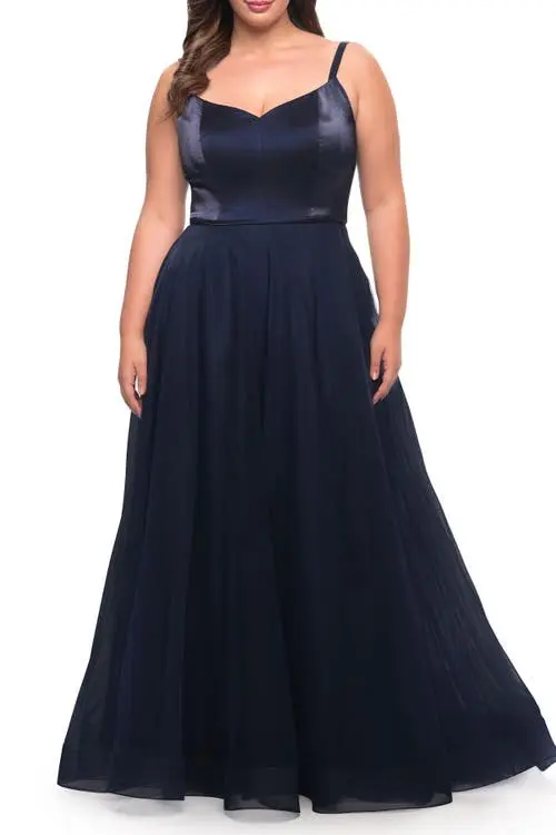 La Femme A-line Tulle Gown With Satin Bodice - Navy