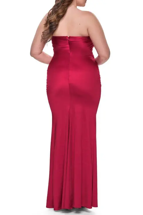La Femme Strapless Satin Gown With Ruching