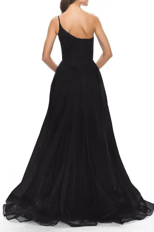 La Femme One-shoulder A-line Tulle Gown - Black