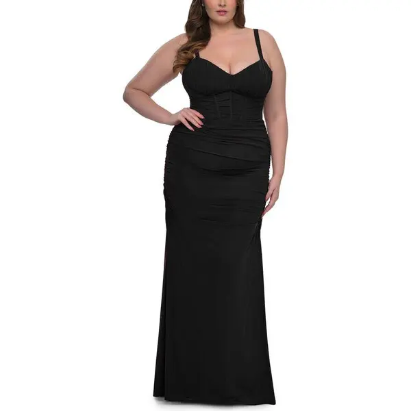 La Femme Corset Net Jersey V-neck Dress