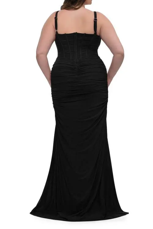 La Femme Corset Net Jersey V-neck Dress