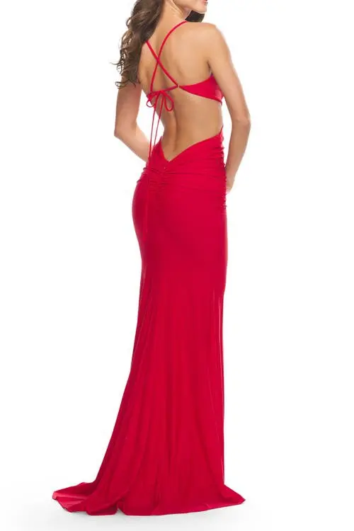 strapless open back dress La Femme V-Neck Cut-Out Tight Prom Dress 31228 Red / 00