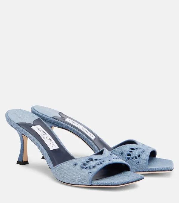 JIMMY CHOO Skye 70 Embroidered Denim Mules - Blue