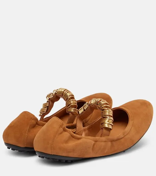TOD'S Dee Embellished Suede Mary Jane Flats - Brown