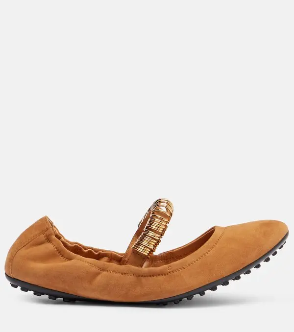 TOD'S Dee Embellished Suede Mary Jane Flats - Brown