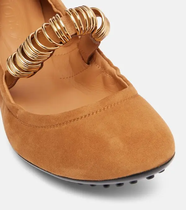 TOD'S Dee Embellished Suede Mary Jane Flats - Brown
