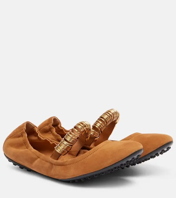 TOD'S Dee Embellished Suede Mary Jane Flats - Brown