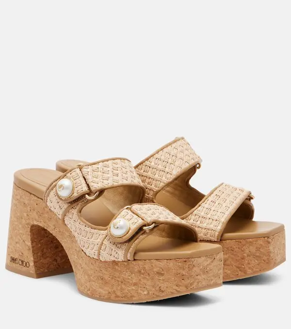 JIMMY CHOO Fayence 95 Leather Wedge Sandals - Beige