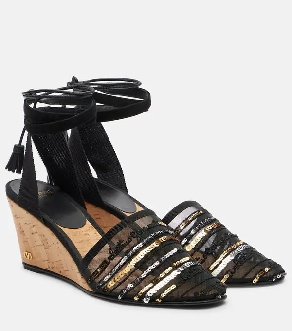 Valentino Garavani La Cruisette Embellished Espadrille Wedges - Black