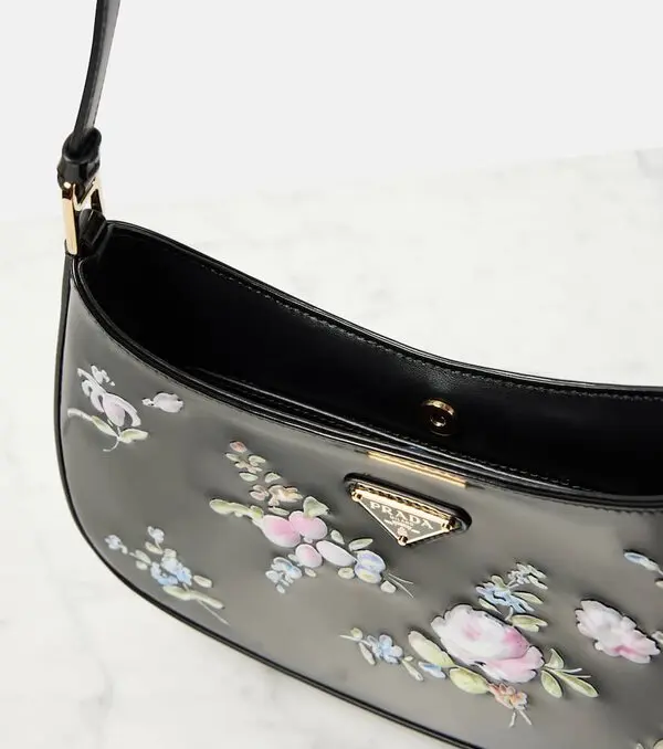 Prada Cleo Floral Leather Shoulder Bag - Black