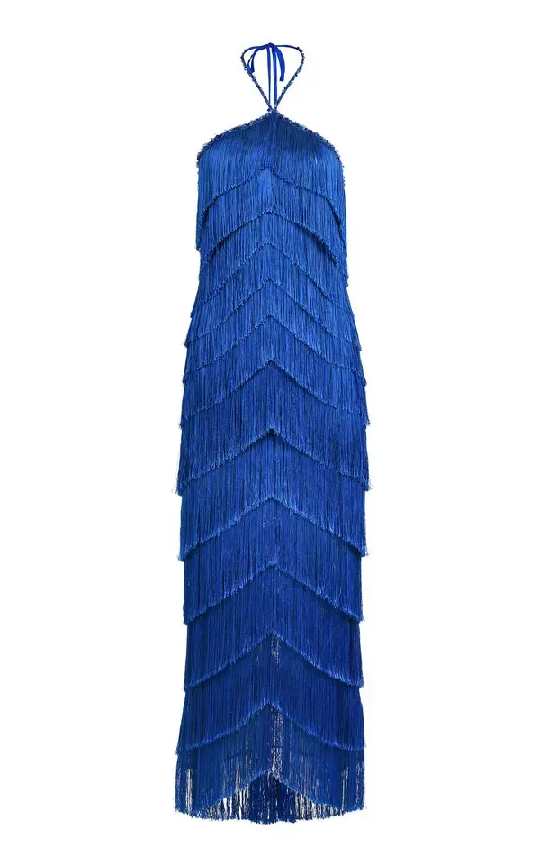 Unknown Francesca Miranda Estrella Fringed Silk-blend Maxi Halter Dress