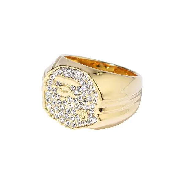 A BATHING APE Rhinestone Ape Head Ring - Gold