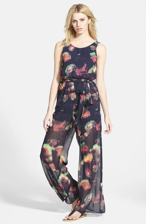 Astr The Label Tie Waist Wide Leg Jumpsuit - Navy Multi