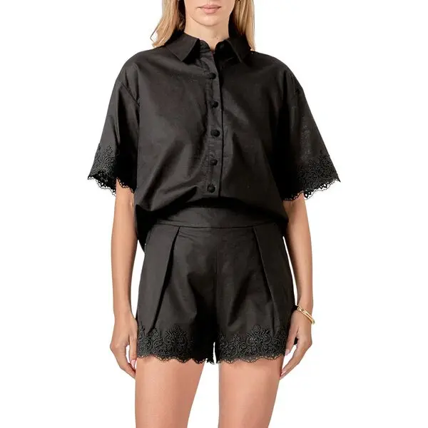 English Factory Embroidered Lace Linen Blend Shirt - Black