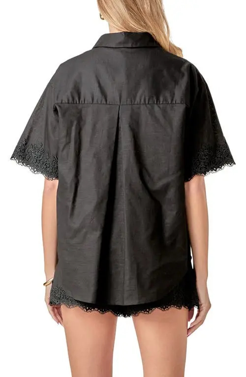English Factory Embroidered Lace Linen Blend Shirt - Black