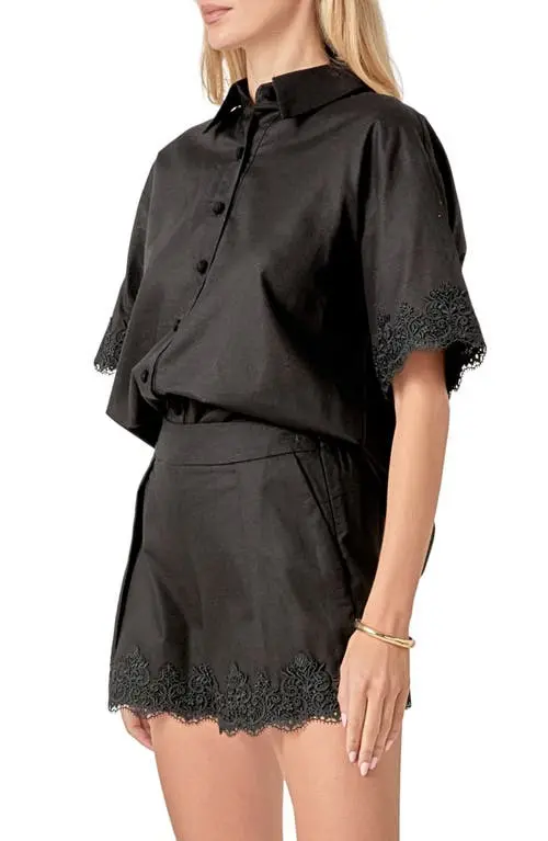 English Factory Embroidered Lace Linen Blend Shirt - Black