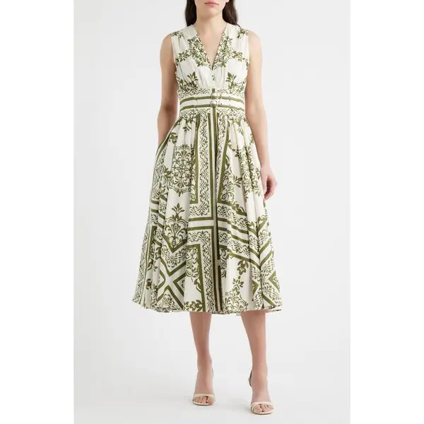 CECE DUPRAZ Sleeveless Belted Cotton Midi Dress - Olive Green