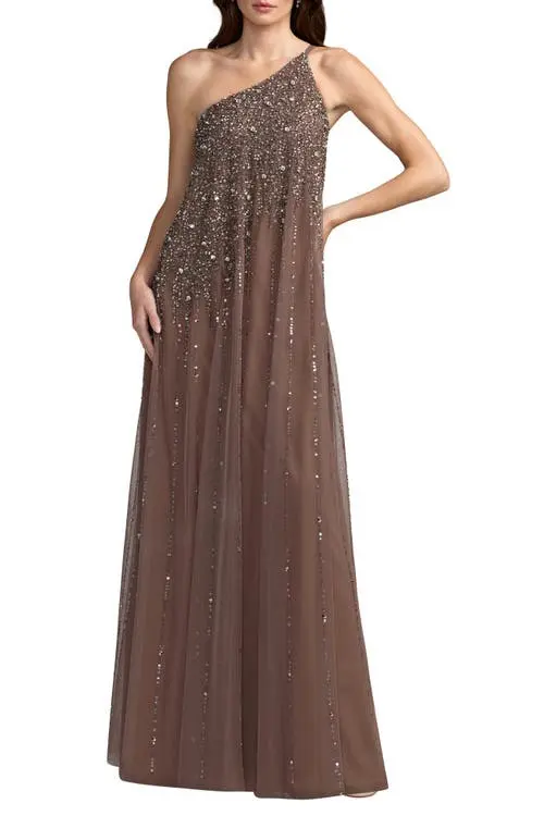 Mac Duggal One Shoulder Embellished Trapeze A-line Gown - Chocolate