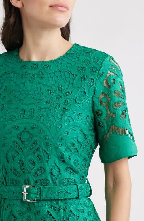 Elie Tahari Gaia Belted Lace Midi Dress - Jade | Editorialist