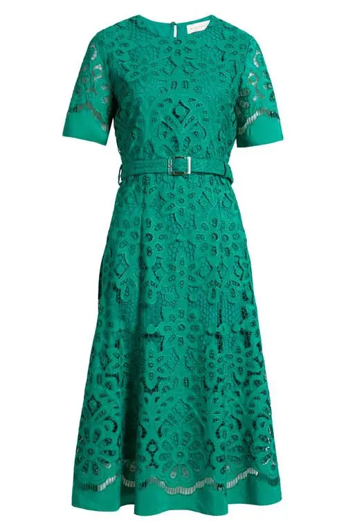 Elie Tahari Gaia Belted Lace Midi Dress - Jade | Editorialist