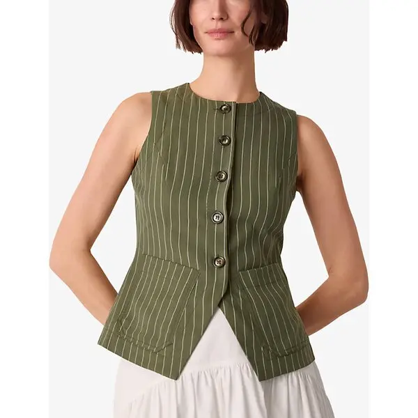 Whistles Pinstripe Regular-fit Woven Waistcoat - Khaki/olive