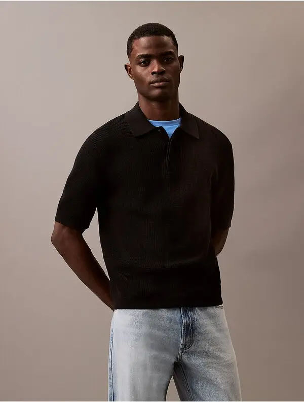 Calvin Klein Smooth Cotton Waffle Sweater Polo Shirt - Black