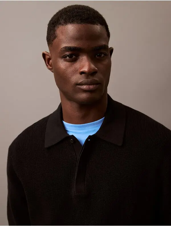 Calvin Klein Smooth Cotton Waffle Sweater Polo Shirt - Black