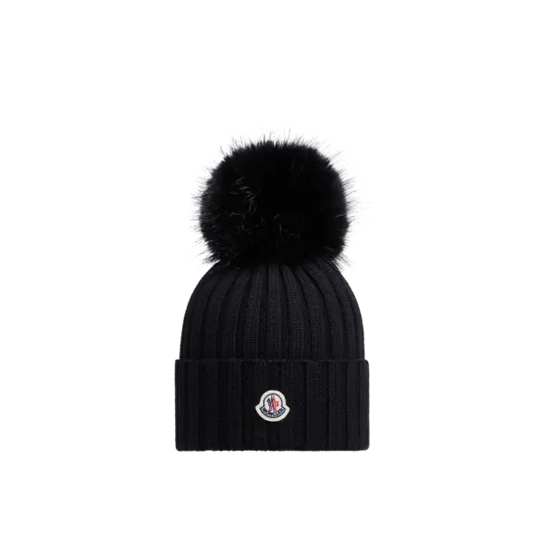 Moncler Wool Beanie With Faux Fur Pom Pom - Black