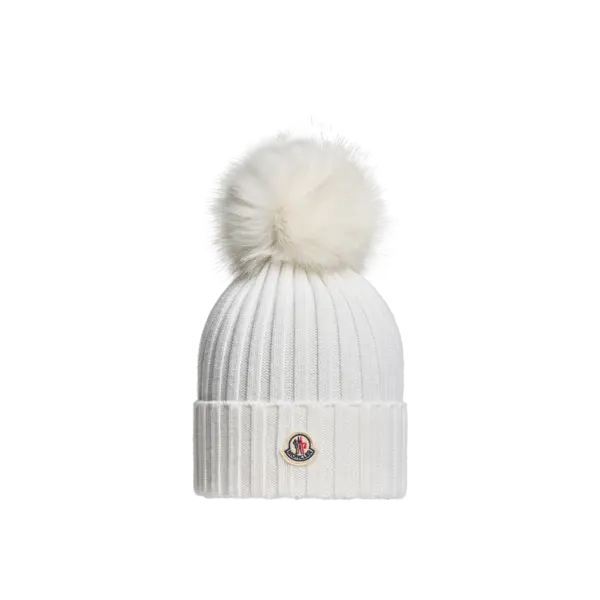 Moncler Wool Beanie With Faux Fur Pom Pom - White