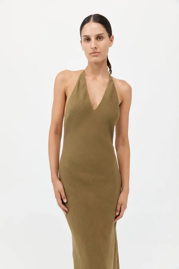 St. Agni Linen Bias Halter Dress - Olive | Editorialist