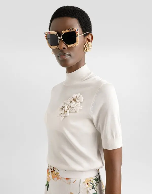 Dolce & Gabbana Silk Pullover With Flower Brooch - White