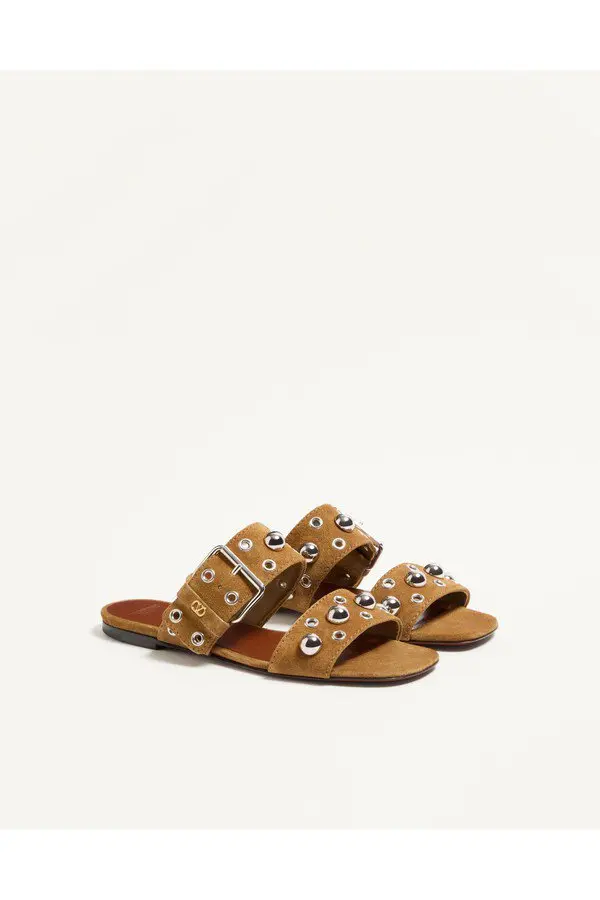 Valentino Garavani Nellcôte Crust Leather Slide Sandal - Natural