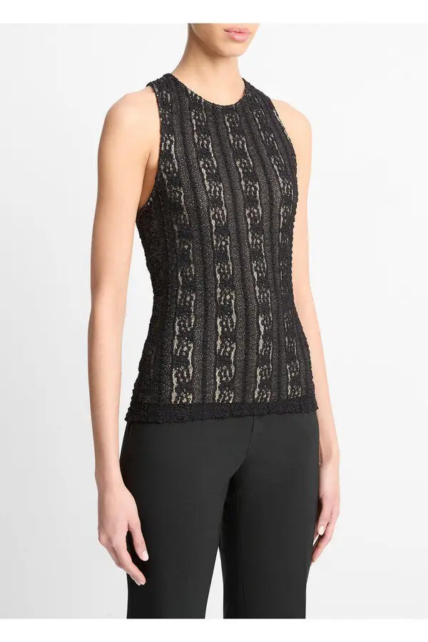 Vince Smocked Lace Shell - Black