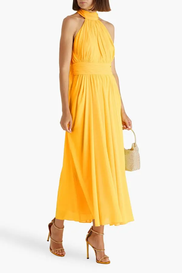 Badgley Mischka Draped Cutout Chiffon Maxi Dress