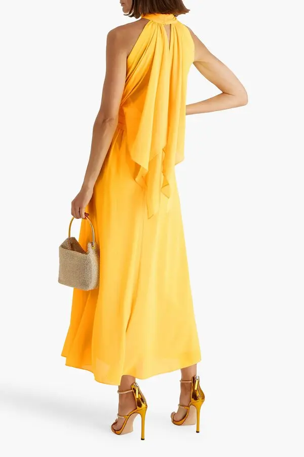 Badgley Mischka Draped Cutout Chiffon Maxi Dress