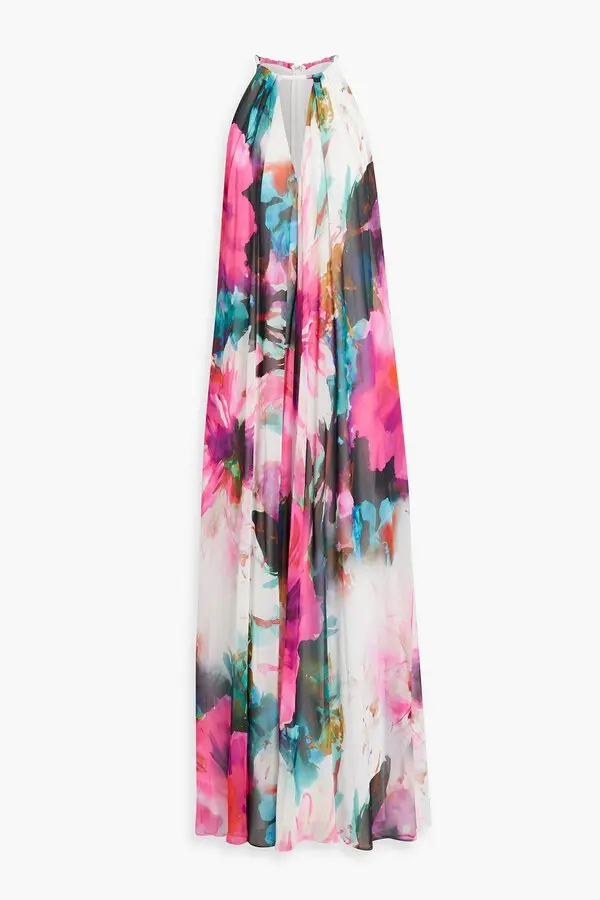 Badgley Mischka Gathered Printed Chiffon Maxi Dress