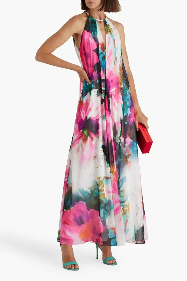 Badgley Mischka Gathered Printed Chiffon Maxi Dress