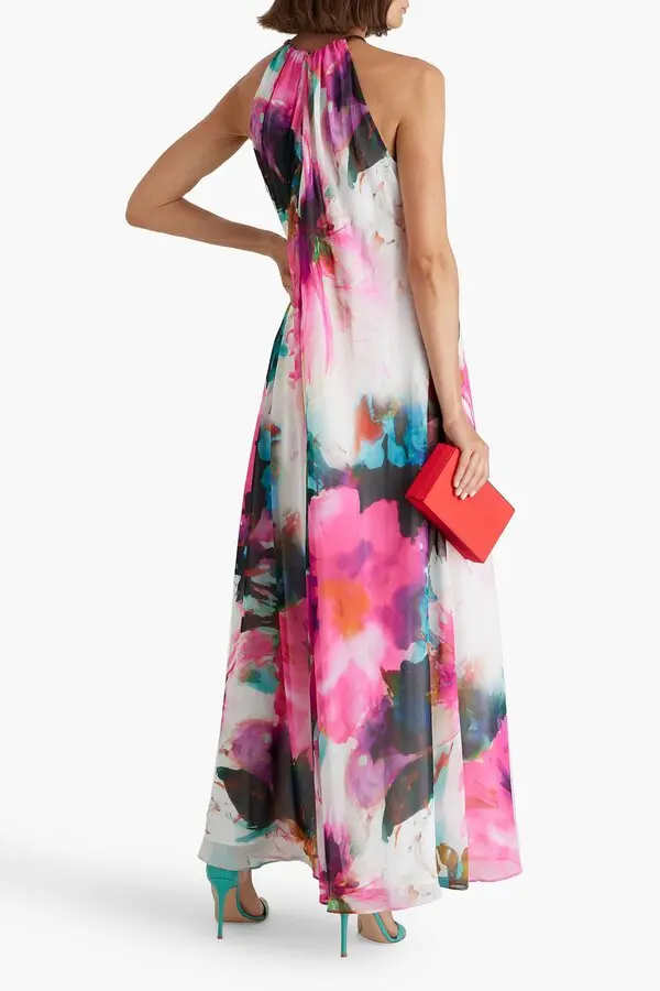 Badgley Mischka Gathered Printed Chiffon Maxi Dress