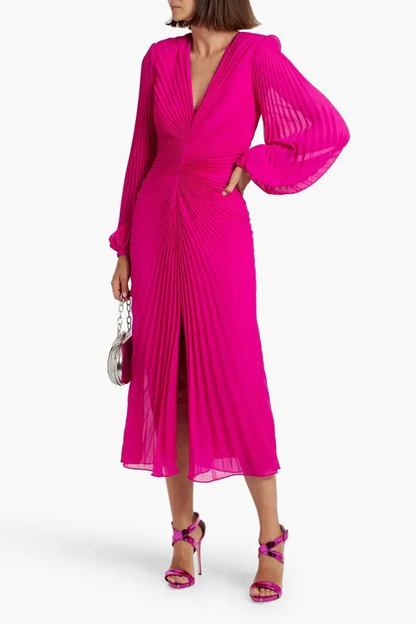 Badgley Mischka Pliss Chiffon Midi Dress In Fuchsia - 50% Off |  Editorialist