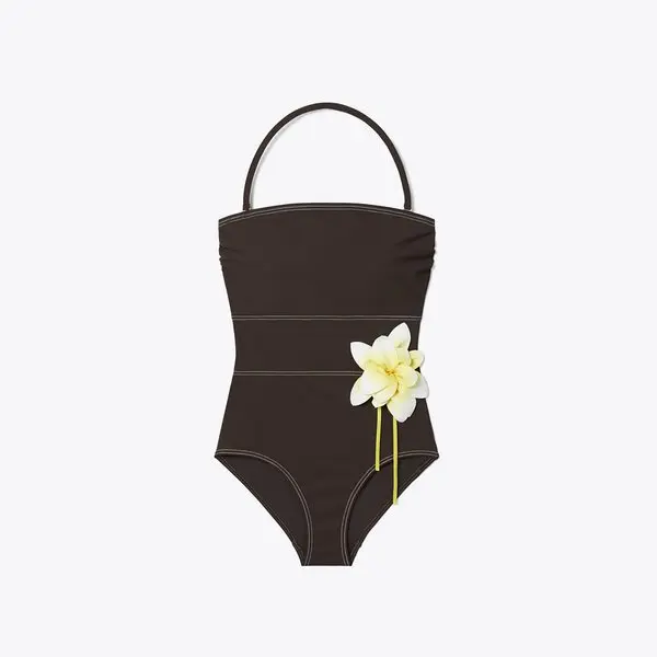 Tory Burch Floral Embellished Bandeau One-piece Swimsuit - Deep Chocolate