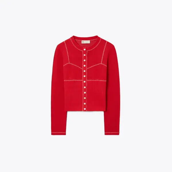 Tory Burch Cotton And Nylon Mesh Cardigan - Bright Red/white