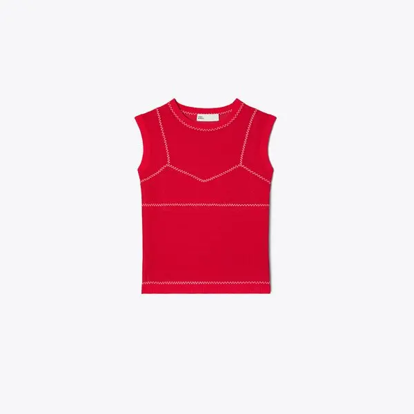 Tory Burch Cotton And Nylon Mesh Top - Bright Red / White