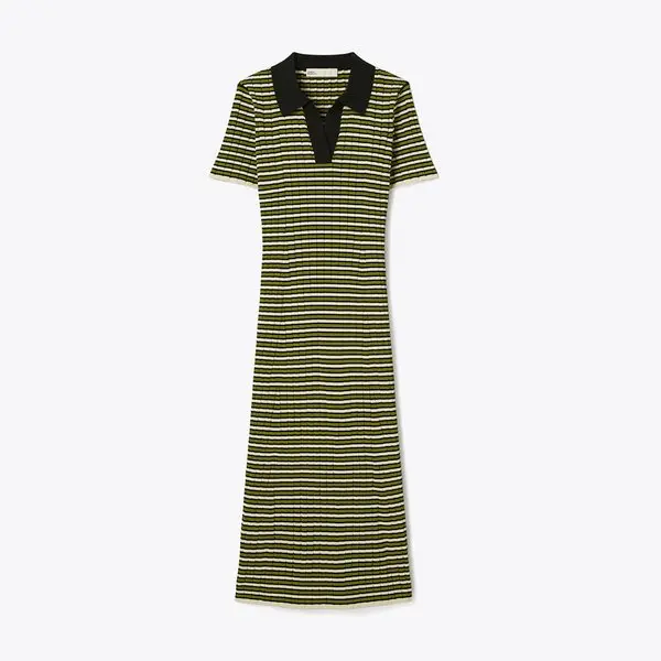 Tory Burch Stripe Knit Polo Midi Dress