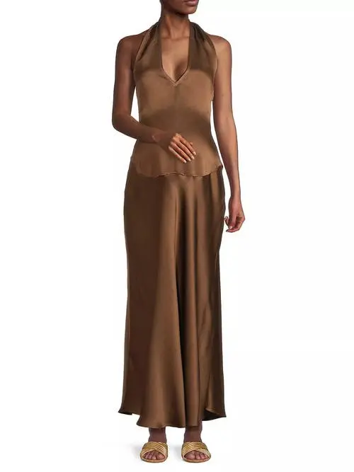 EMILIA GEORGE Giselle Satin Halter Dress - Chocolate