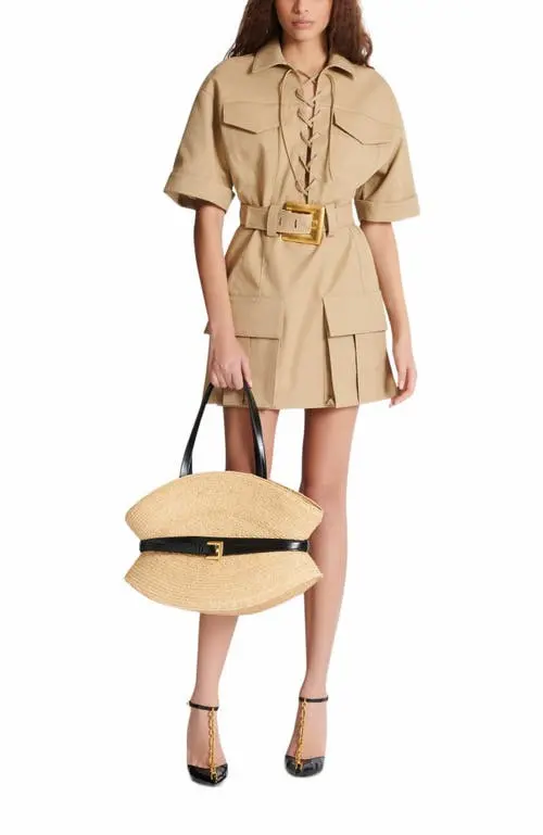Balmain Shuffle Medium Bag In Raffia - Brown