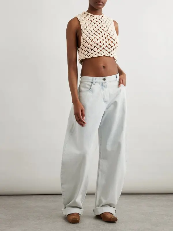 Alaïa Cropped Open-knit Cotton-blend Tank - Neutrals