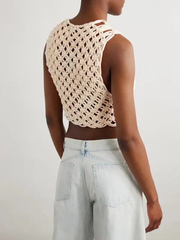 Alaïa Cropped Open-knit Cotton-blend Tank - Neutrals