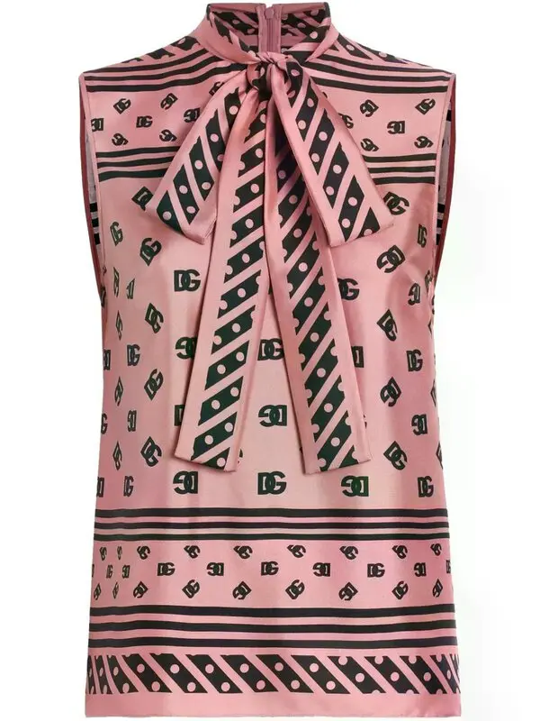 Dolce & Gabbana Sleeveless Logo Print Blouse With Front Tie