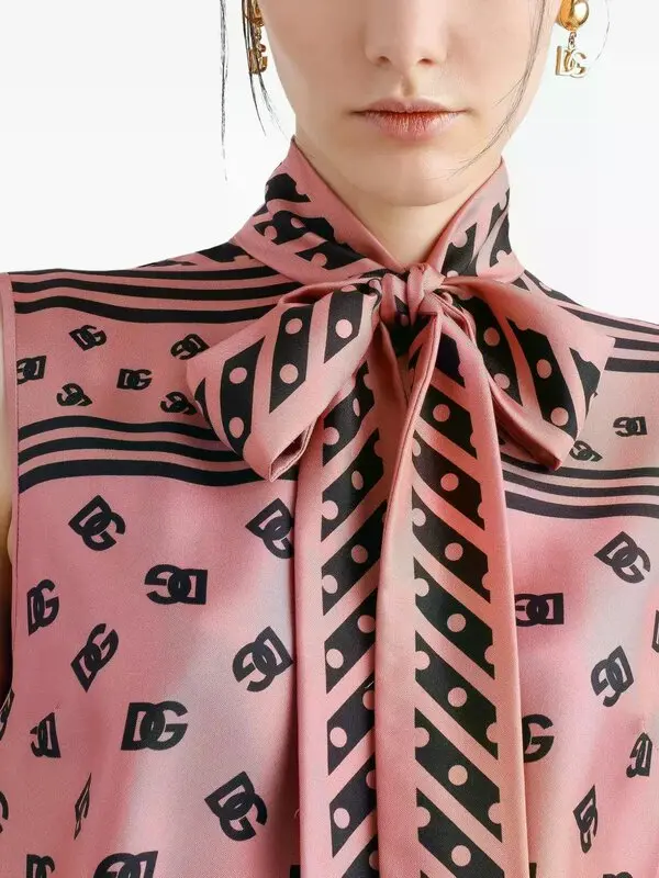 Dolce & Gabbana Sleeveless Logo Print Blouse With Front Tie