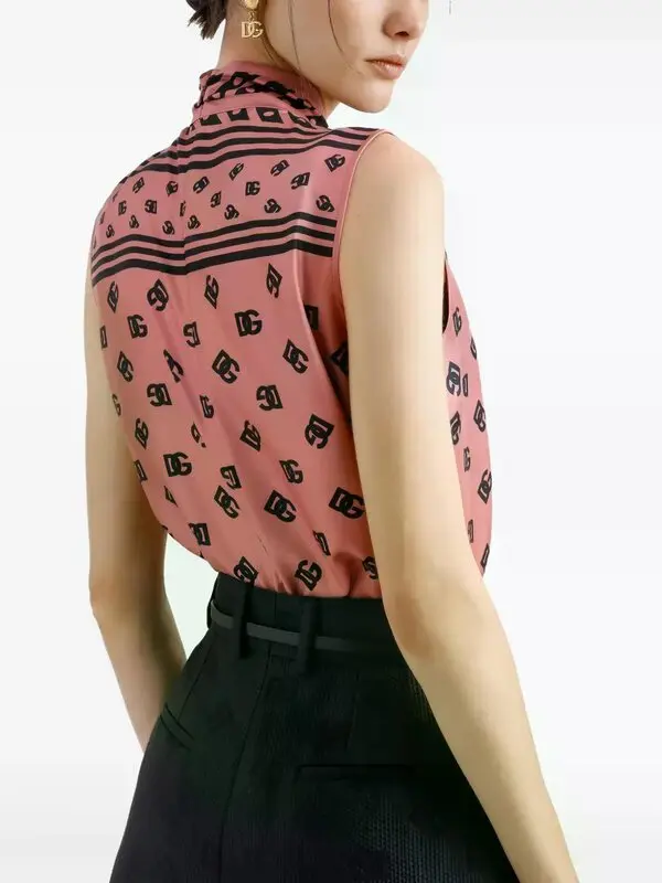Dolce & Gabbana Sleeveless Logo Print Blouse With Front Tie